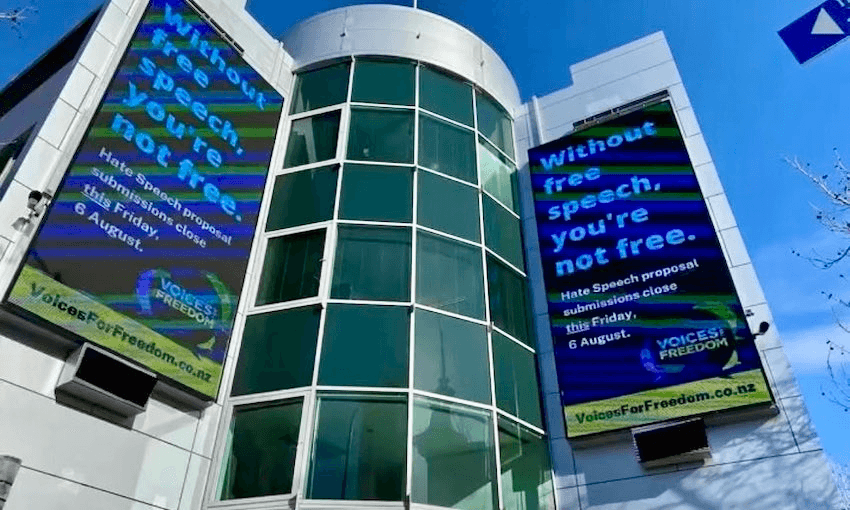 Anti-vax group’s ‘free speech’ billboards pulled from RNZ building ...