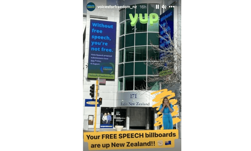 Anti-vax group’s ‘free speech’ billboards pulled from RNZ building | The Spinoff